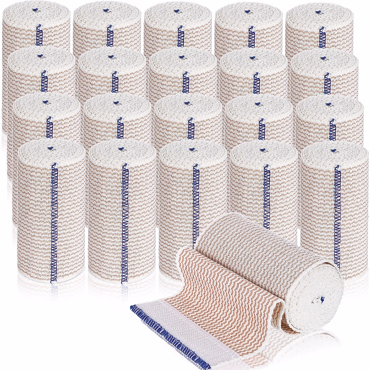 20 Pack Elastic Bandage Wrap with Self Closure on Both Ends Compression Bandage for Legs, Knees, Ankles, Wrists, Elbows, Shoulders, Athletic Stretchable Bandage Wrap (Blue Trim, 4 Inch)