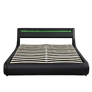 EMKK Upholstered Faux Leather Platform Bed with a Hydraulic Storage System with LED Light Headboard Bed Frame with Slatted Queen Size for Adult, Teens, Kids, No Box Spring Needed
