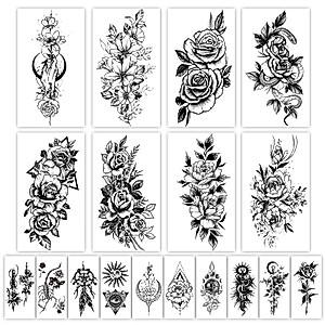 HEYYUNG 18 Pcs Flower Tattoos for Women, Temporary Sexy Tattoos, Realistic 3D Sketch Henna Tattoo Kit Sleeves for Women, Makeup Designs Chest Abdomen Back Tattoos for Girls