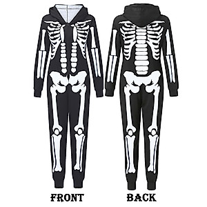 CYCLAMEN Skeleton Halloween Costume for Adults Couples Skeleton Onesie Jumpsuit Pajamas with Hood Family, for Women, S