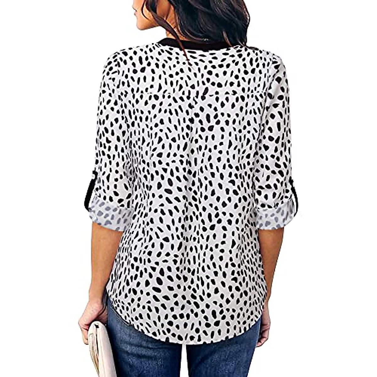 Gaharu Long Sleeve Blouses Women's Fall Tunic Tops Home Wear Henley V Neck Cuffed Sleeve Contrast Color Leopard Shirts for Jeans White Leopard,XX-Large