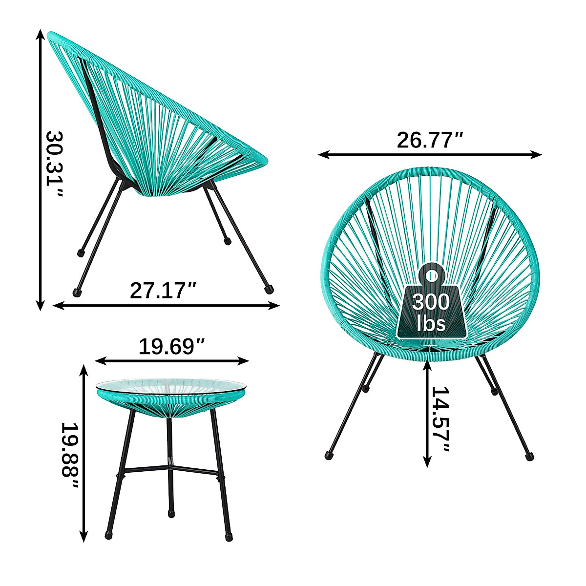 Arlopu 3-Piece Outdoor Acapulco Chairs Patio Conversation Bistro Set, with Plastic Rope, Glass Tabletop, All-Weather Rattan Woven Rope Mid-Century Modern Style Furniture Chat Set (Green)