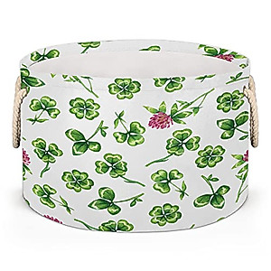 St. Patrick's Day Green Clover Leaves (06) Large Round Baskets for Storage Laundry Baskets with Handles Blanket Storage Basket for Bathroom Shelves Bins for Organizing Nursery Hamper Girl Boy
