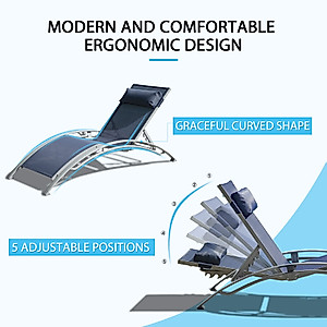 Domi Pool Lounge Chairs Set of 3, Adjustable Aluminum Outdoor Chaise Lounge Chairs with Metal Side Table, All Weather for Deck Lawn Poolside Backyard -Navy Blue Textilene