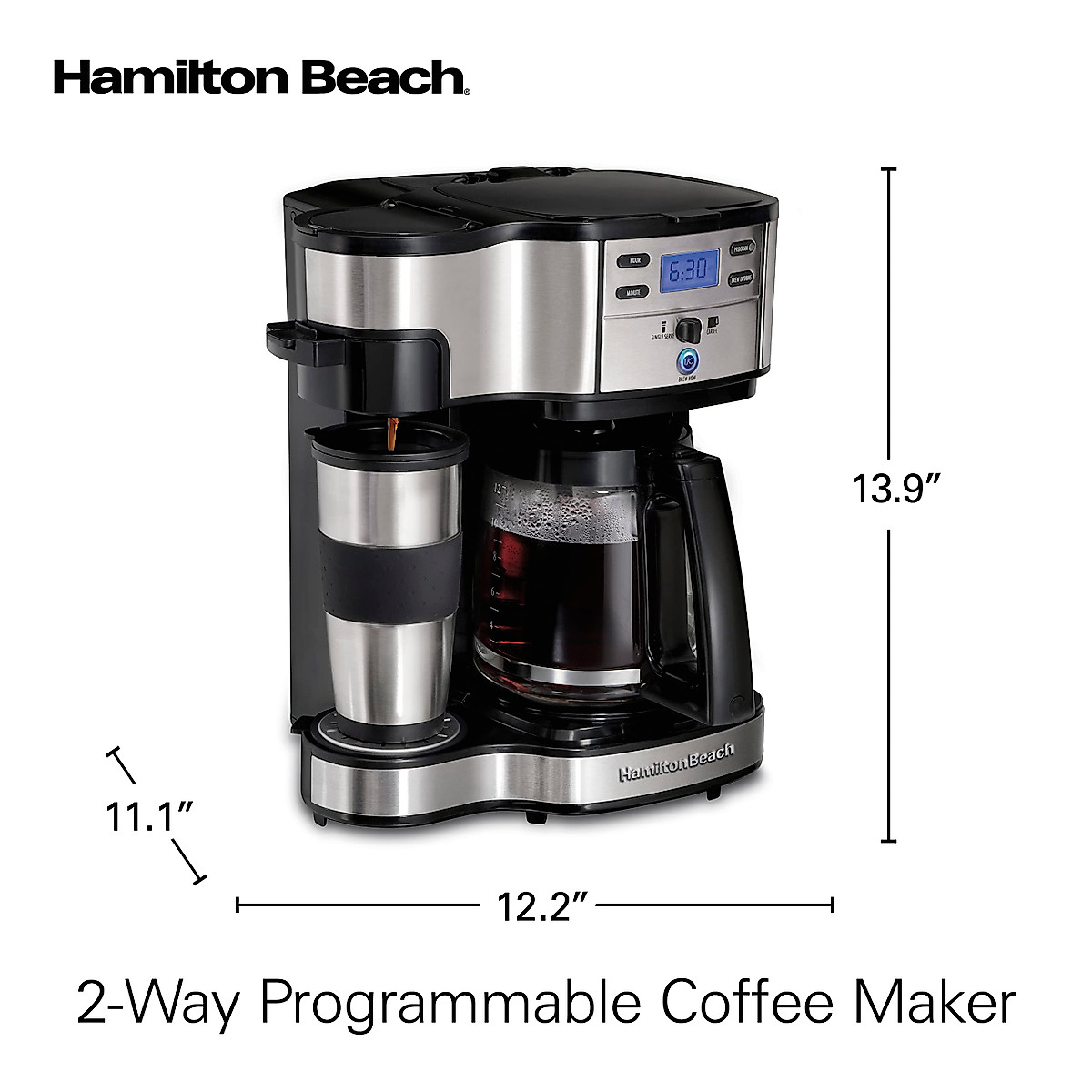 Hamilton Beach (49980A) Single Serve Coffee Maker and Coffee Pot Maker, Programmable, Black/Stainless Steel (Renewed)