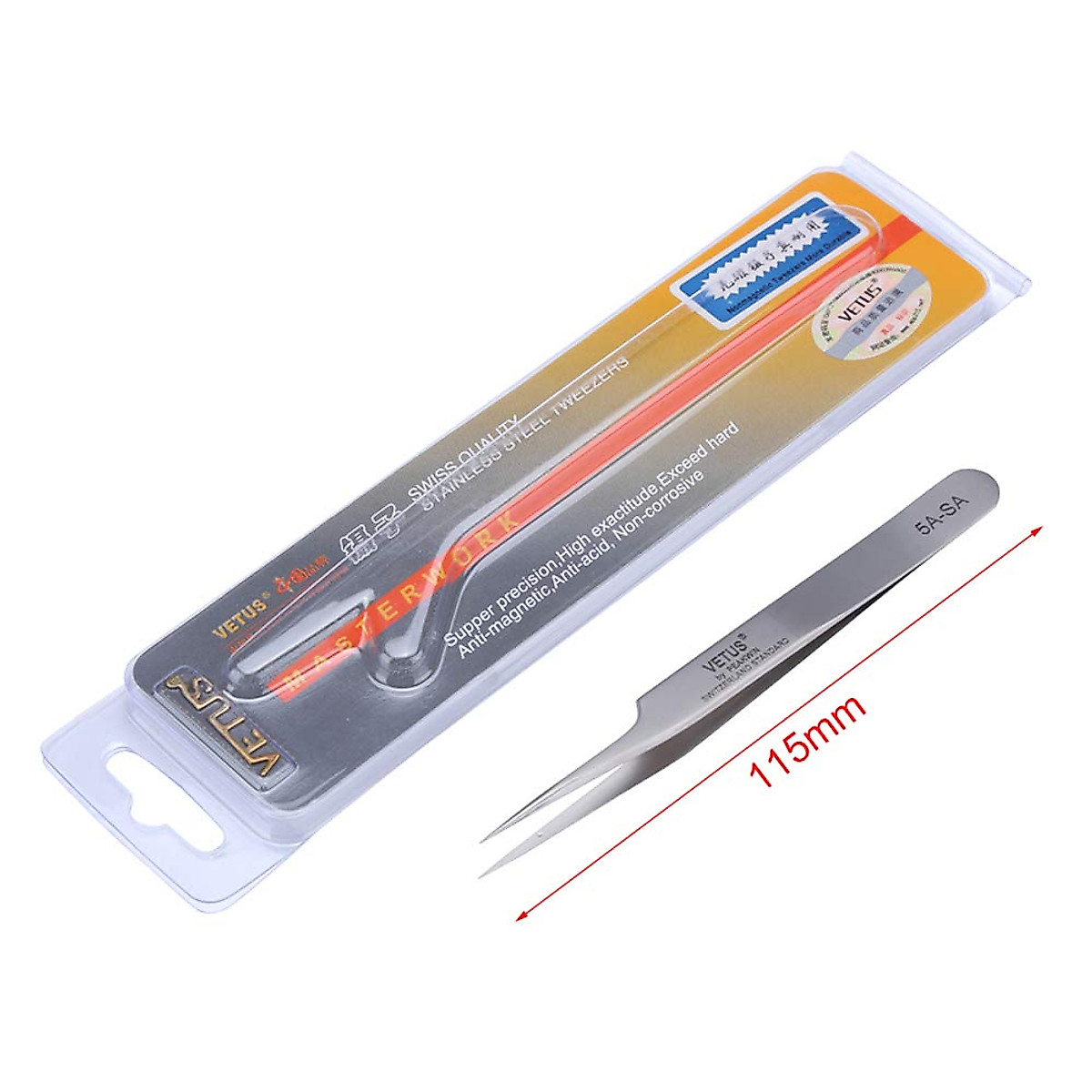 Vetus Tweezer Stainless Steel Non-magnetic Curved Pointed Tip Precision Eyelash Eyebrow Extensions Lashing Tool (5a-sa)