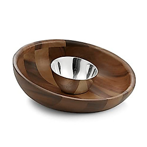 nambe Luna Chip and Dip Server | Acacia Wood Appetizer Platter with Metal Dip Bowl | For Guacamole, Nachos, Chips, and Salsa | Appetizer and Snack Serving Tray | 12-Inch