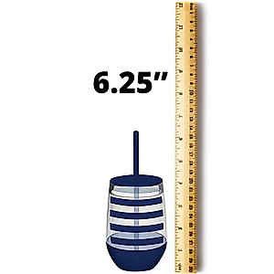 Needzo Reusable Outdoor Wine Glasses, Plastic Stemless Glass with Navy Stripes, Lid and Straw, Summer 2023 Cups for the Beach and Pool, Pack of 2