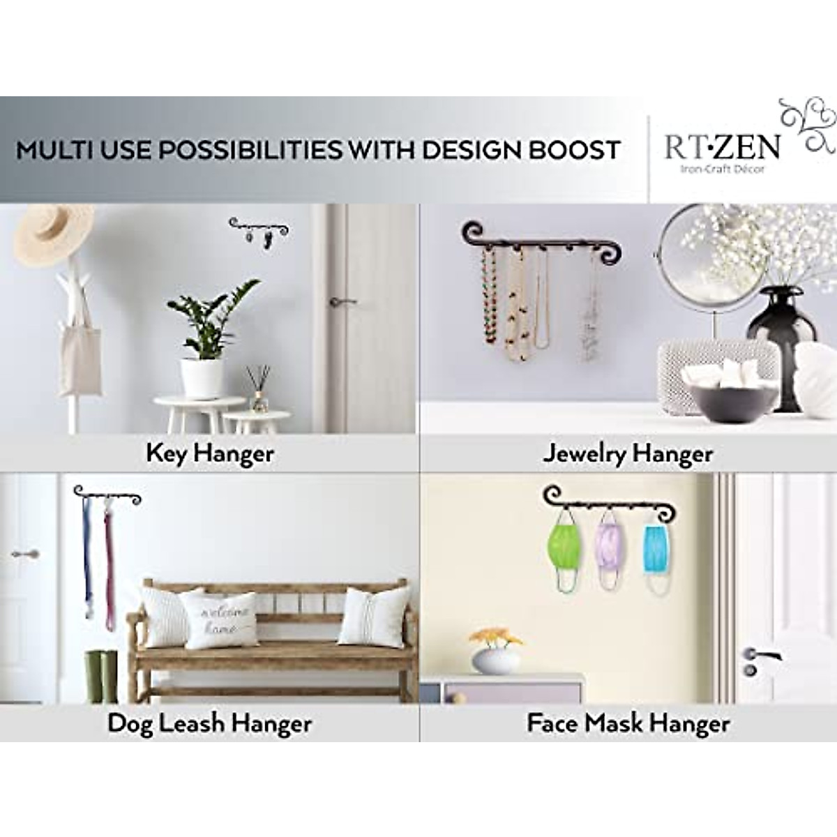 RTZEN Farmhouse Small Key Holder for Wall - Handcrafted Swirl Decorative 5 Key Hooks for Home Entryway - Wrought Iron Black Wall Mount Key Rack Purse Coat and Leash Holder or Organizer (Classic)