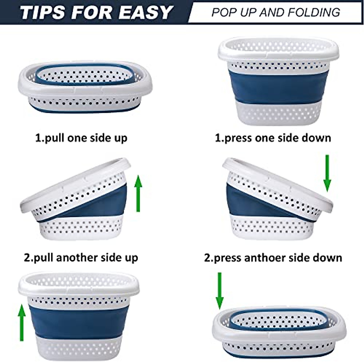 HLWDFLZ 2 Pack Collapsible Laundry Hamper - 30L (7.9 Gallon) Plastic Collapsible Pop Up Laundry Hamper with Reinforced Handle, Portable Laundry Bucket Wash for College Dorm, Home, Blue