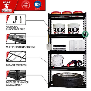 Shuntong The Atlas 30" W x 12" D x 60" H Adjustable Garage Storage Shelves Load 2500 lbs, 5 Tier Heavy Duty Shelving Unit, Metal Utility Storage Rack for Warehouse Pantry Basement Kitchen, Black