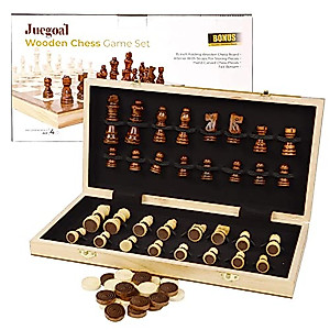 Juegoal 15" Wooden Chess & Checkers Set, 2 in 1 Board Games for Kids and Adults, with Felted Game Board Interior for Storage, Travel Portable Folding Chess Game Sets, Extra 24 Wooden Checkers Pieces