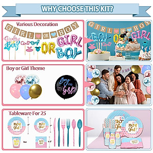 Guudmua 312 Pcs Gender Reveal Decorations, Baby Gender Reveal Party Supplies- Disposable Dinnerware Set With Pink and Blue (25 Guest), Boy or Girl Banner, Balloon, Sash, Cake Topper, Photo Props