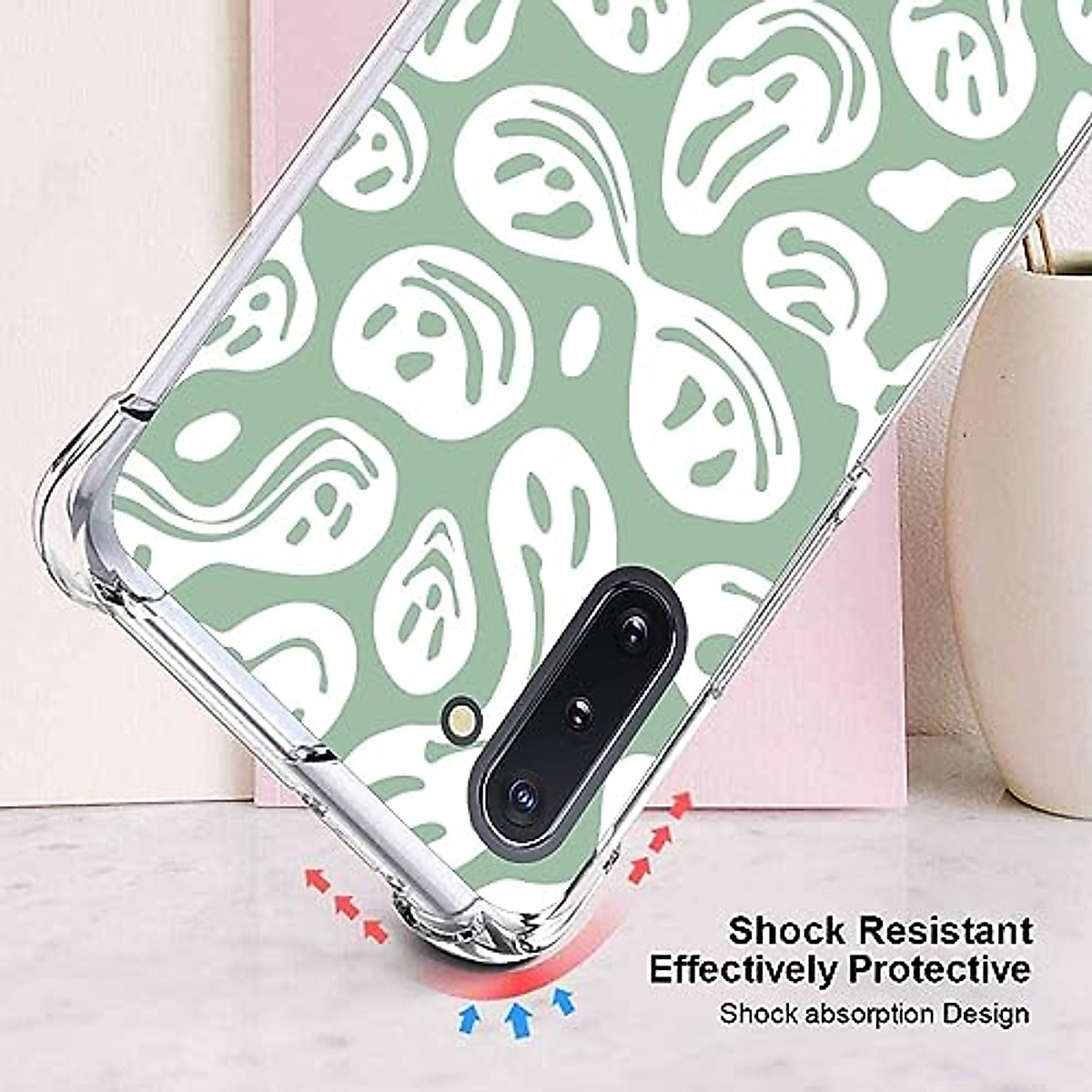 zaztify Phone Case for Samsung Galaxy Note 10 5G/4G, Pastel Green White Funny Trippy Dripping Smile Melted Hippie Smiling Skull Ghost Face Cute Pattern Shockproof Protective Soft Clear Cover Shell