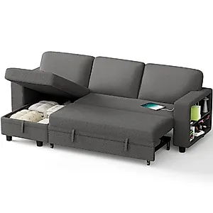 YESHOMY L-Shaped Sofa Bed Convertible Sectional Couch for Living Room with Pull Out Sleeper, Storage Chaise & 2 Built-in Bookcases, Gray