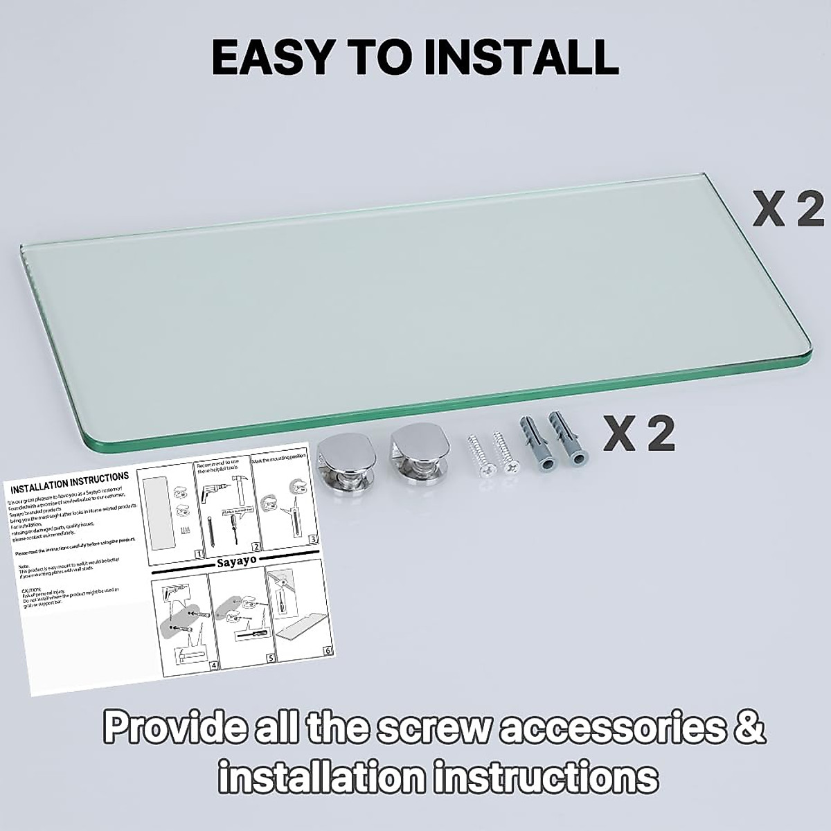 SAYAYO Floating Shelves for Wall, Tempered Glass Shelves for Bathroom, Living Room, Bedroom, Office, Toilet, Kitchen Decor, 12Inch Set of 2, Clear