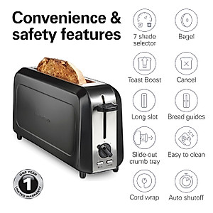 Hamilton Beach Extra Long Slot 2 Slice Toaster with Browning Control, Bagel Function, Cancel Button & Auto Shutoff, Modern Slim Design Fits Any Space, Black (22989)