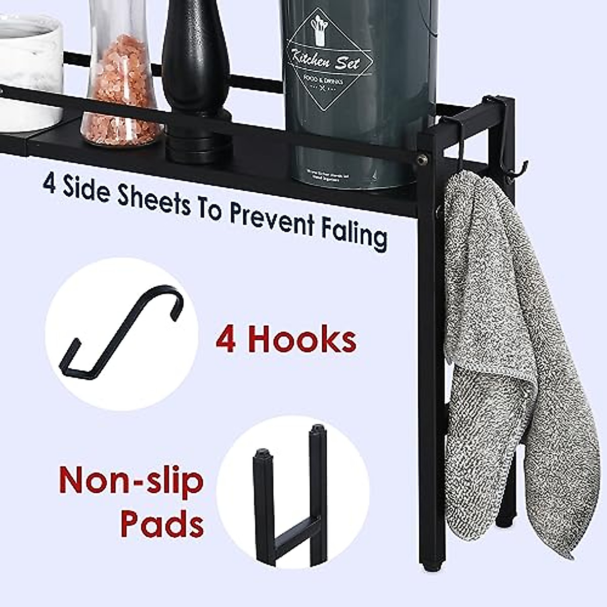 yudeke Stove Shelf, 1 Extendable Metal Shelf, Kitchen Organizer with 4 Hooks (Black)