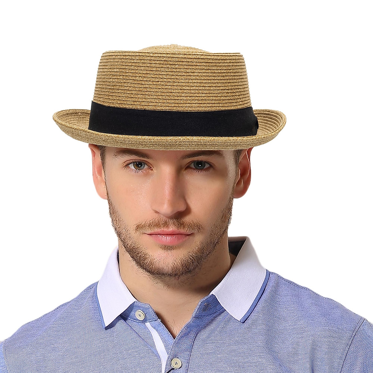 Pork-Pie-Hat-for-Men-Women Straw-Boater-Hat - Classic Boater Derby Sun Hats with Grosgrain Band Khaki