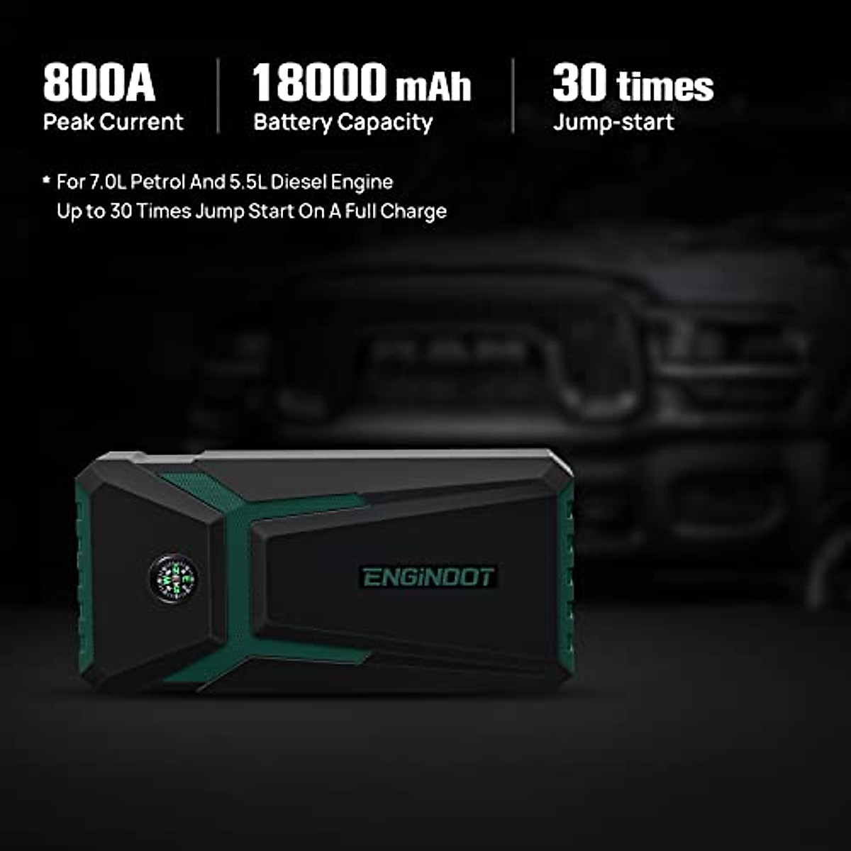 ENGINDOT Jump Starter for Up to 7.0L Gas or 5.5L Diesel Engine, 800A Peak 18000mAh 12V Auto Battery Booster with LCD Screen, Portable Power Bank with USB Quick Charge T8 Green