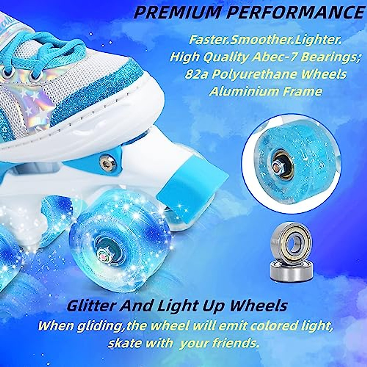 Nattork Girls Roller Skates for Kids Toddler, 4 Size Adjustable Rainbow Quad Skates with Light up 8 Wheels,Gift for Boys Kids Beginners Indoor Outdoor Blue S