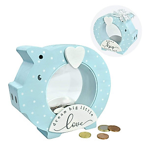 I’m Solid Wood Piggy Bank Coin Bank Savings Money Bank, Adorable Gifts for Baby Birthday Boys Girls Kids Child to Cherish Baby Shower, Keepsakes & Nursery Décor “Dream Big Little Love” (Dot Blue)