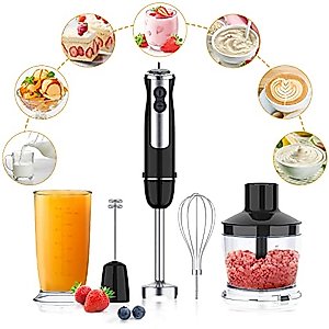 Immersion Blender 5 in 1 Hand Blender, 800W Hand Mixer Stick 12 Speed & Turbo Mode Hand Mixer with 600ml Mixing Beaker, 500ml Chopper, Milk Frother Attachments for Soup, Smoothies, Sauce, BPA Free