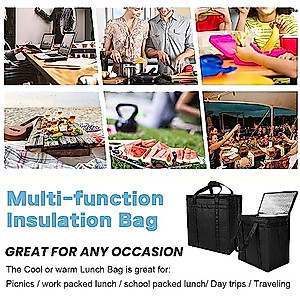 Lukery Insulated Reusable Grocery Bag with Zipper, Collapsible Cooler Bag Tote Heavy-Duty Insulated Food Pizza Delivery Bag, Shopping Bags for Groceries & Frozen Foods (16"x 9"x 13",Black)