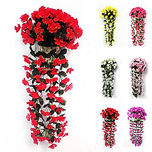 Takefuns 2Pcs Artificial Violet Flower Hanging Vine Garland, Wall Wisteria Basket, Simulation Rattan Plant for Outdoor Balcony Garden Party Wedding Decorations (Red)
