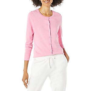 Amazon Essentials Women's Lightweight Crewneck Cardigan Sweater (Available in Plus Size), Pink, Medium