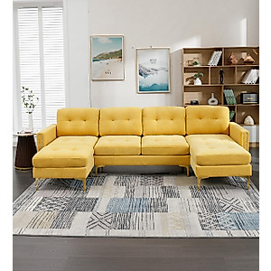 EMKK Corner 110" Convertible Sectional Couch Furniture, 5 Seat Sofa for Living Room L/U Shaped Modern Fabric UpholsteredModular Sofá Sleeper with Double Chaise & Memory Foam & Movable Ottoman, Yellow