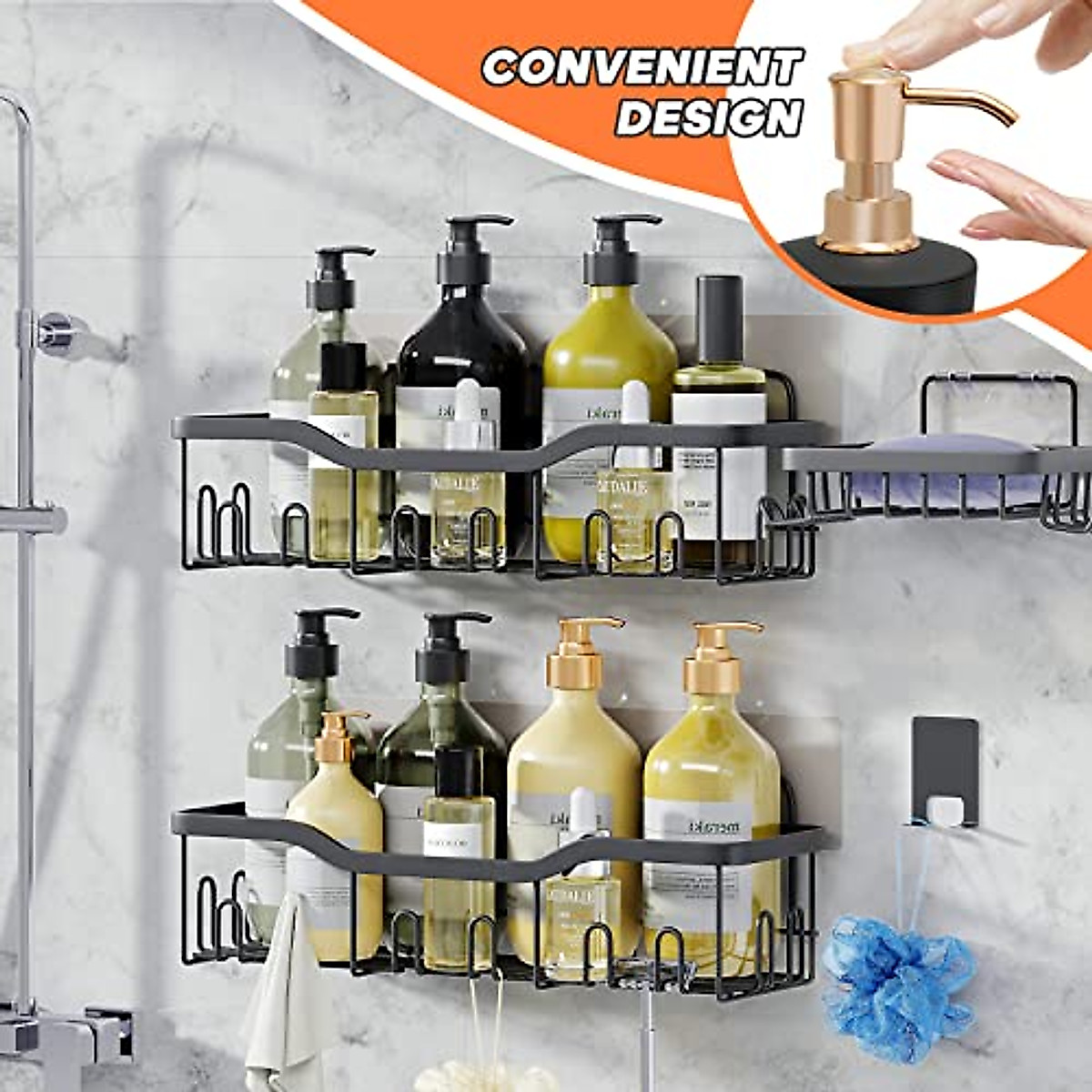 QOIUPXE Shower Caddy,Adhesive Shower Shelves,4 Pack Bathroom Shower Organizer,Shower Shelf for Inside Shower,No Drilling Stainless Steel Bathroom Organizer with Soap Holder,Matte Black