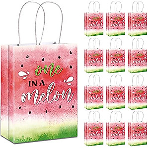 16 Pieces Watermelon Party Bags with Paper Twist Handles, Watercolor One in Melon Candy Goodie Bags Treat Bags Present Bag for Summer Watermelon Birthday Baby Shower, 6.3 x 3.1 x 8.7 Inches