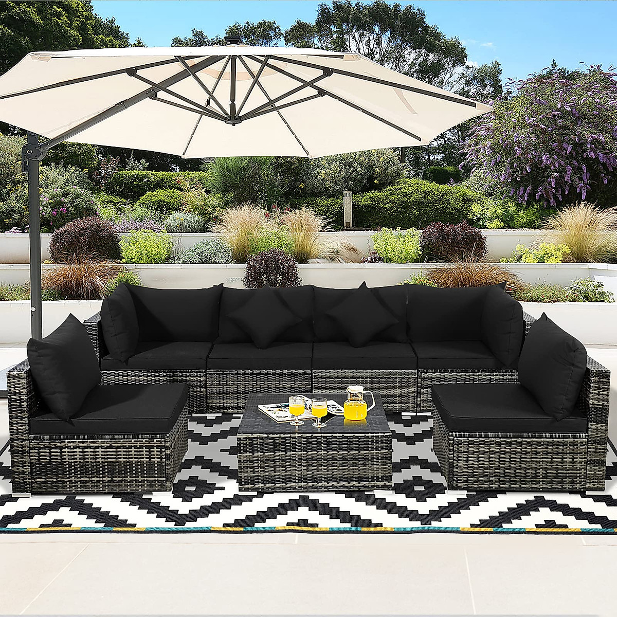 PATIOJOY 7-Piece Patio Furniture Set, Outdoor Sectional PE Rattan Sofa Set with Cushions and Tempered Glass Coffee Table, All-Weather Conversation Set for Backyard (Black)