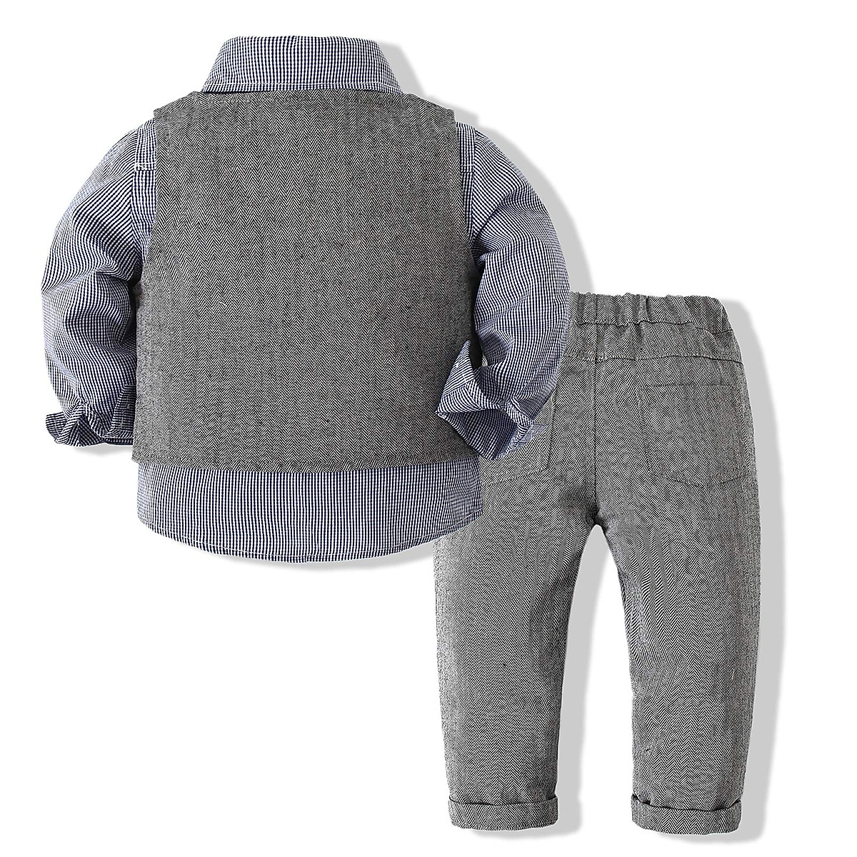 Xiangwu Textitle Baby Boy Gentleman Set with Dress Shirt+Bow Tie+Vest and Pants 3PC Set, Gray Plaid, 18-24 Months