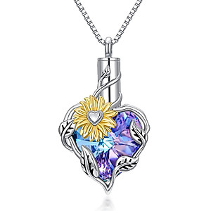 TOUPOP Sunflower Necklace for Ashes S925 Silver Sterling with Crystal Cremation Jewlry for Women