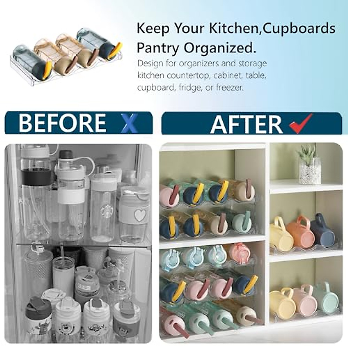 Zdesign Water Bottle Organizer, Stackable Plastic Water Bottle Holder for Cabinet-4 Pack,Kitchen Pantry, Fridge, Stackable Cup Holder Dorm Essentials,Hold 32 Containers (4)