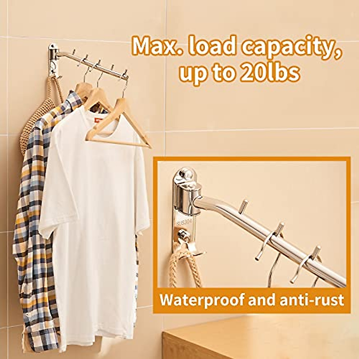 Danpoo Folding Clothes Hanger Rack, Stainless Steel Swing Arm Hook Holder, Clothing Hanging System Drying Closet Storage Organizer Wall Mount Chrome (Silver)