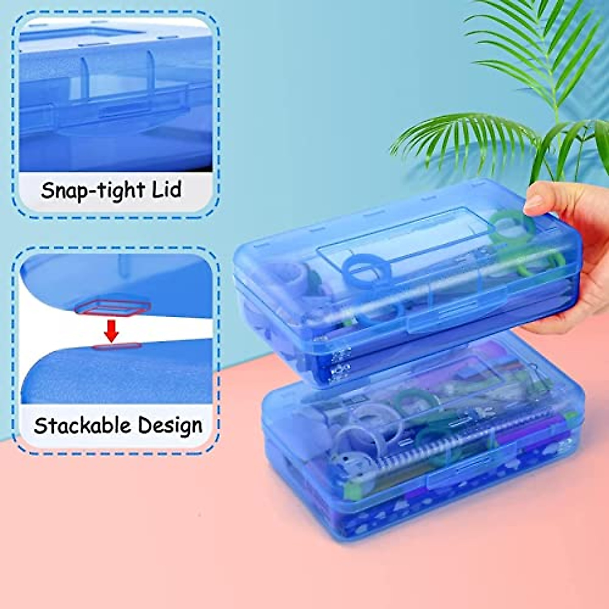 Plastic Pencil Box,1 Pack Plastic Pencil Box Large Capacity Pencil Boxes Clear Boxes with Snap-tight Lid Pencil Box Plastic Case Stickers Crayon Large Lid Stackable Supply Kids