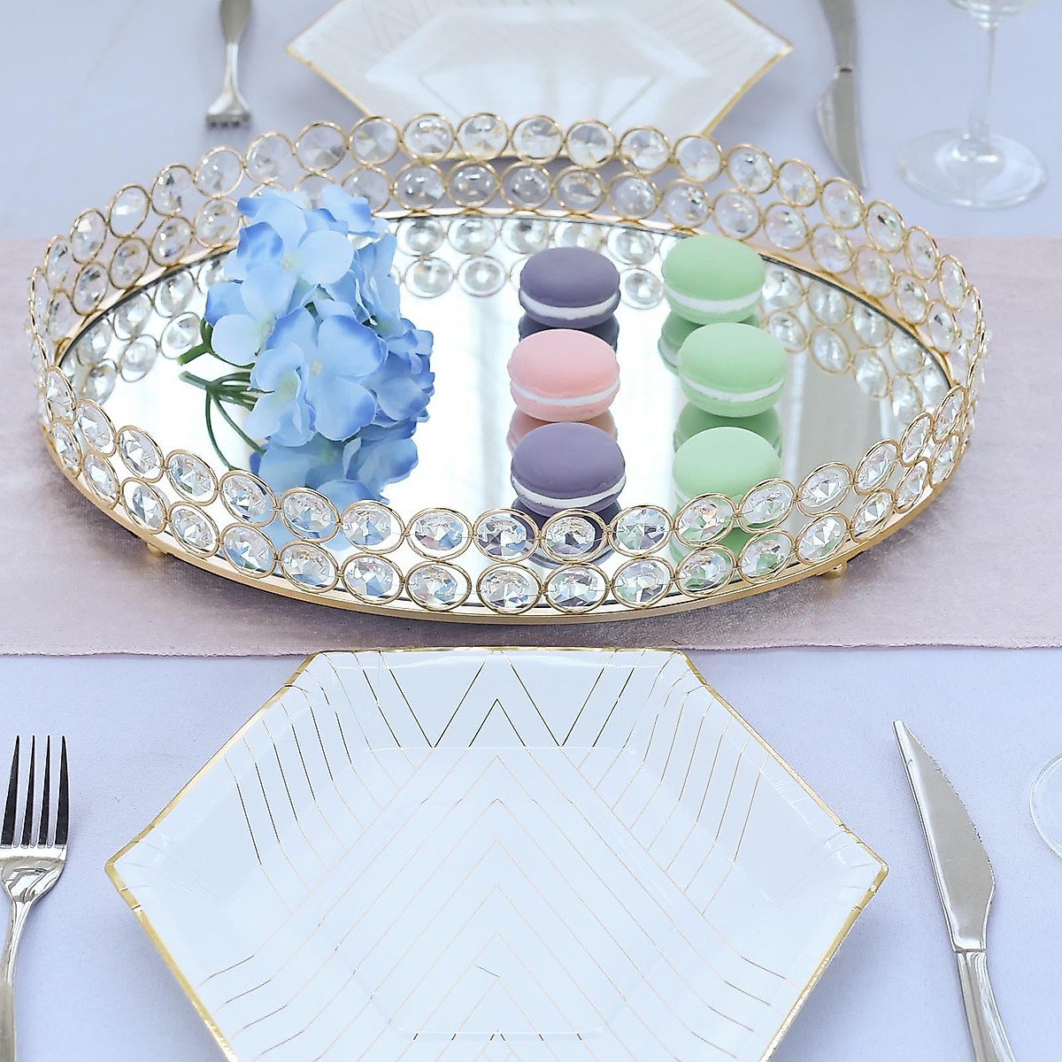 Efavormart 16" x 12" Gold Metal Crystal Beaded Decorative Serving Tray Oval Mirror Tray for Wedding Birthday Party