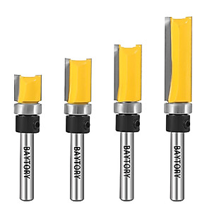 BAYTORY Professional Pattern Flush Trim Router Bit Set with 1/4 inch Shank, 4Pcs 1/2" Cutting Diameter Carbide Bits with Top Bearing Prevent Tear-Out, Template Guide Woodworking Milling Cutter Tool
