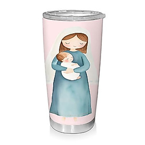 FOCIUZTA 20oz Artistic Watercolor Mother and Child Tumbler with lid, Travel Coffee Cup, Ideal for Easter, Mother Day, and birthday gifts