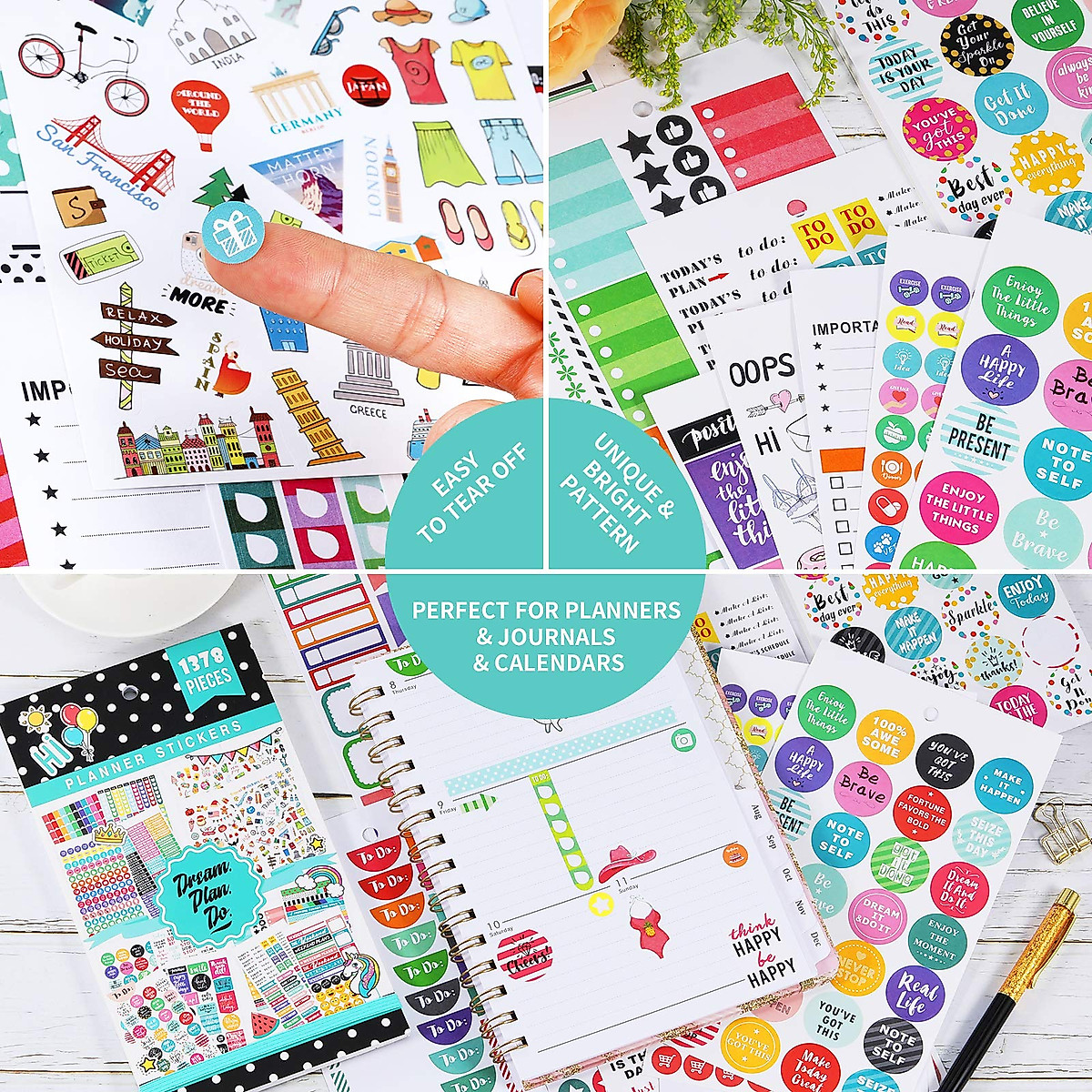Planner Stickers - 28 Sheets, 1378 Stunning Design Accessories for Journals and Calendars, Essential Planner Accessories by Tullofa - Green