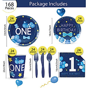 168 PCS Baby Boy 1st Birthday Baby Shower Favors Tableware Set, ONE Blue Set Serves 24 Guests Complete Set Plates & Silverware | Eco-Friendly Disposable Premium Thick Paper for Baby Shower Decorations