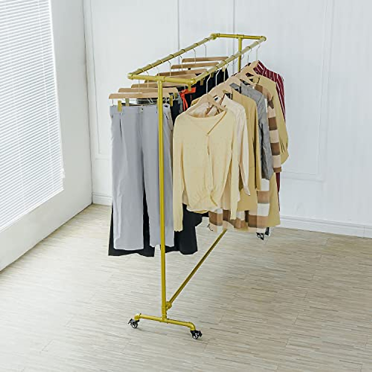 CIVANA Industrial Pipe Clothing Rack, Gold Garment Rack with Wheels, Commercial Clothes Hanging Rod, Home Cloth Organizer, Steampunk Display Hanger for Boutique/Laundry, 63in