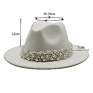 Qkrlamx Black Fedora Hats for Women Wool Panama Hat with Pearl Band Wide Brim Felt Hat Classic Trilby Hat White