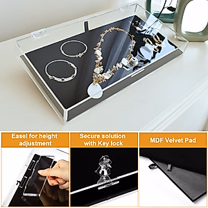 MOOCA Acrylic Rectangular Marketing Holder Locking Security Showcase Safe Box Display Tray, Perfect for Watches Jewelry, Knives, Eyewear with a Key and a Black Padding