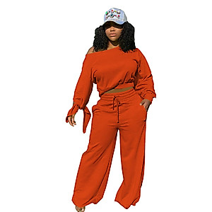 TOPSRANI Women's 2 Piece Outfits Casual Solid Sweatsuits Baggy Long Sleeve Loose Matching Wide Leg Tracksuit Pants Sets Orange L