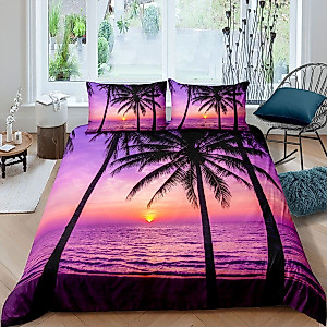 Palm Trees Bedding Set Tropical Seaside Duvet Cover Kids Boys Girls Ocean Sealife Comforter Cover Hawaiian Sunset Scenery Purple Decor Bedspread Cover with 2 Pillowcases 3Pcs Bedding Full