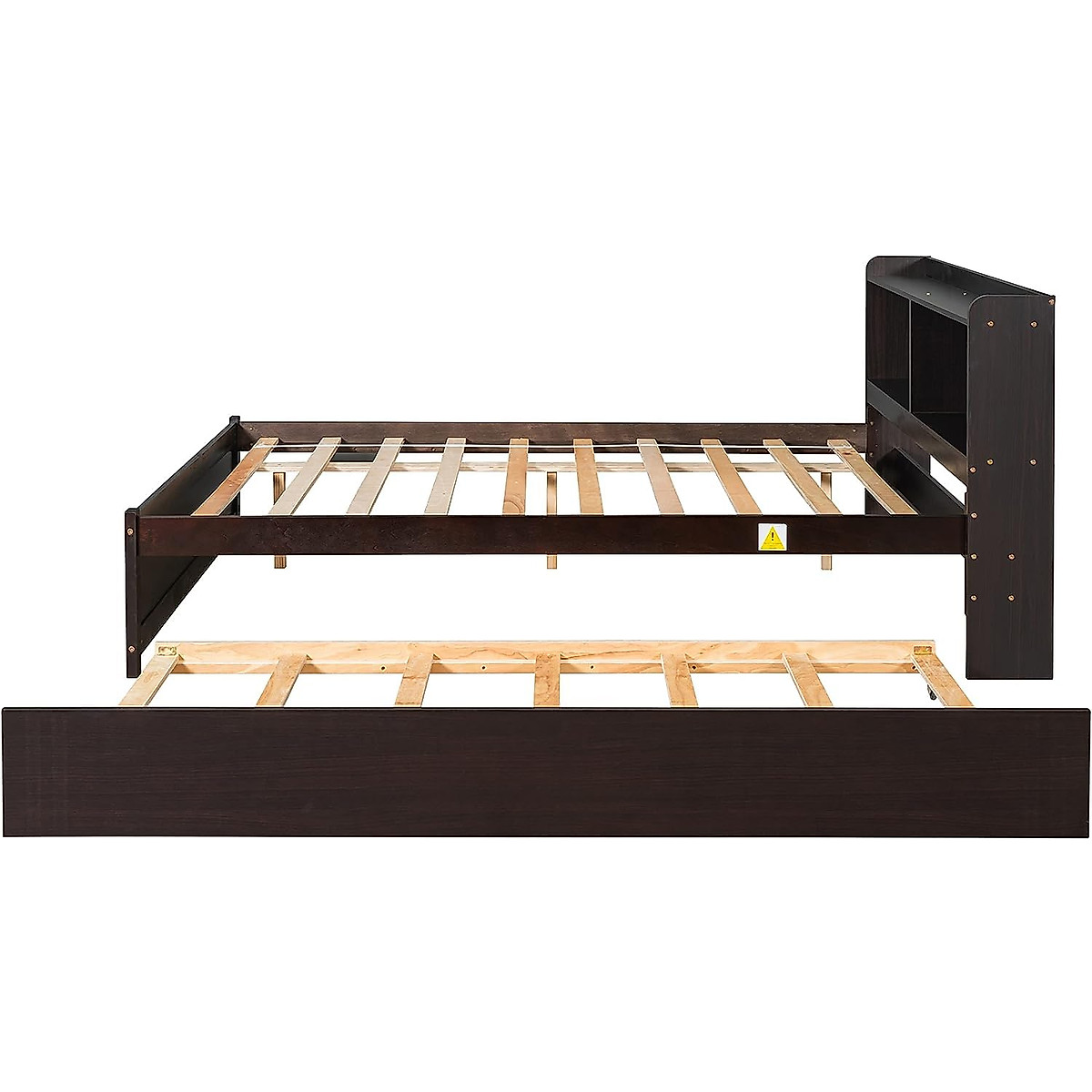 Harper & Bright Designs Full Bed Frame with Trundle, Full Trundle Bed with Bookcase Headboard, Wood Full Size Platform Bed with Twin Trundle Bed Under for Kids Girls Boys, Espresso
